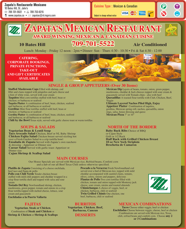 Online Menu Of Zapatas Mexican Restaurant Restaurant